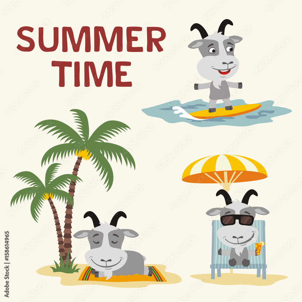 Summer time. Set happy goat resting on beach. Collection cartoon goat ...