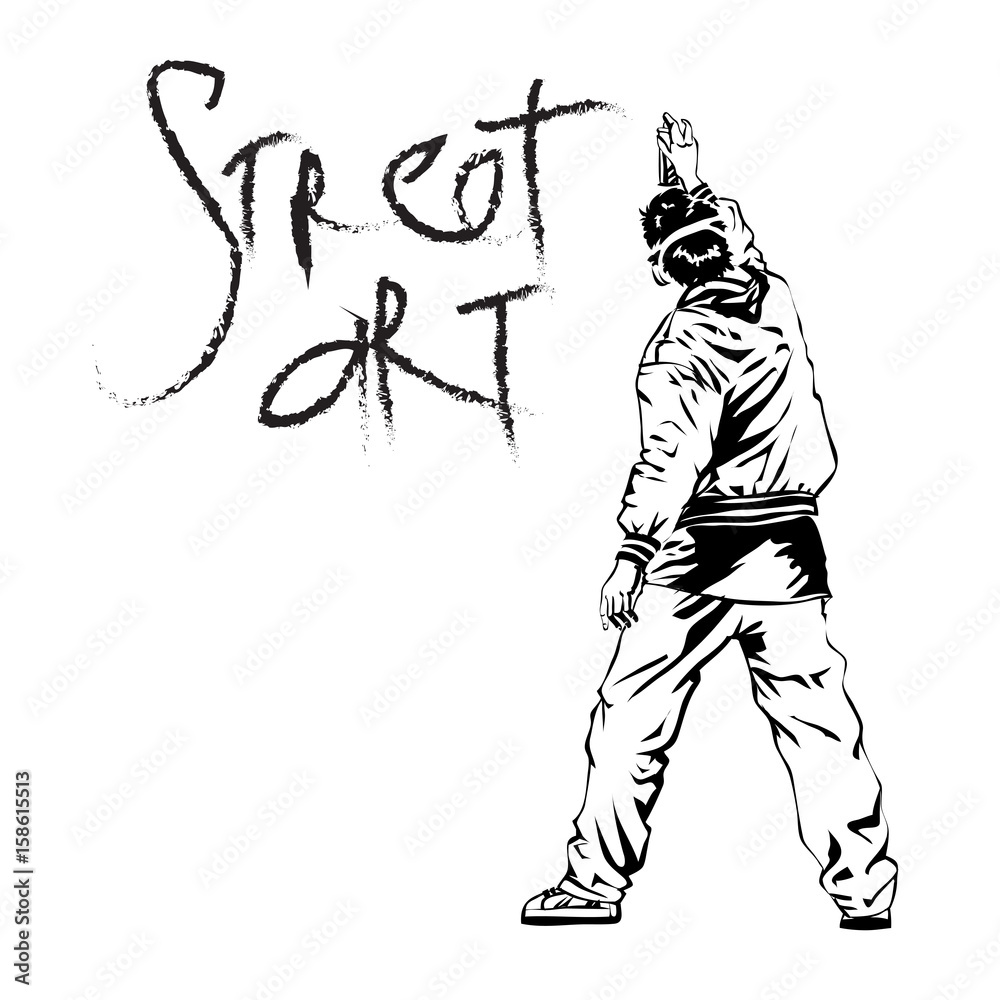 Graffiti guy makes street art on wall. Stock Vector | Adobe Stock