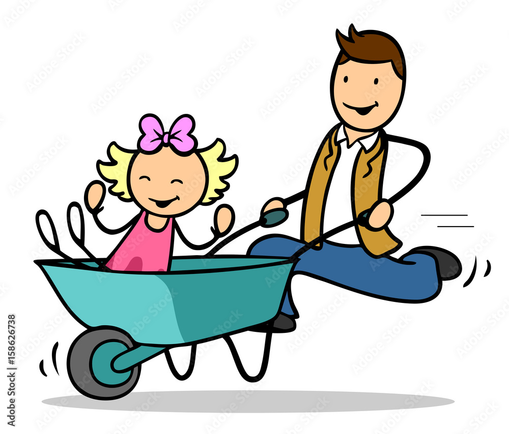 Vater fährt Kind in Schubkarre umher ilustración de Stock | Adobe Stock
