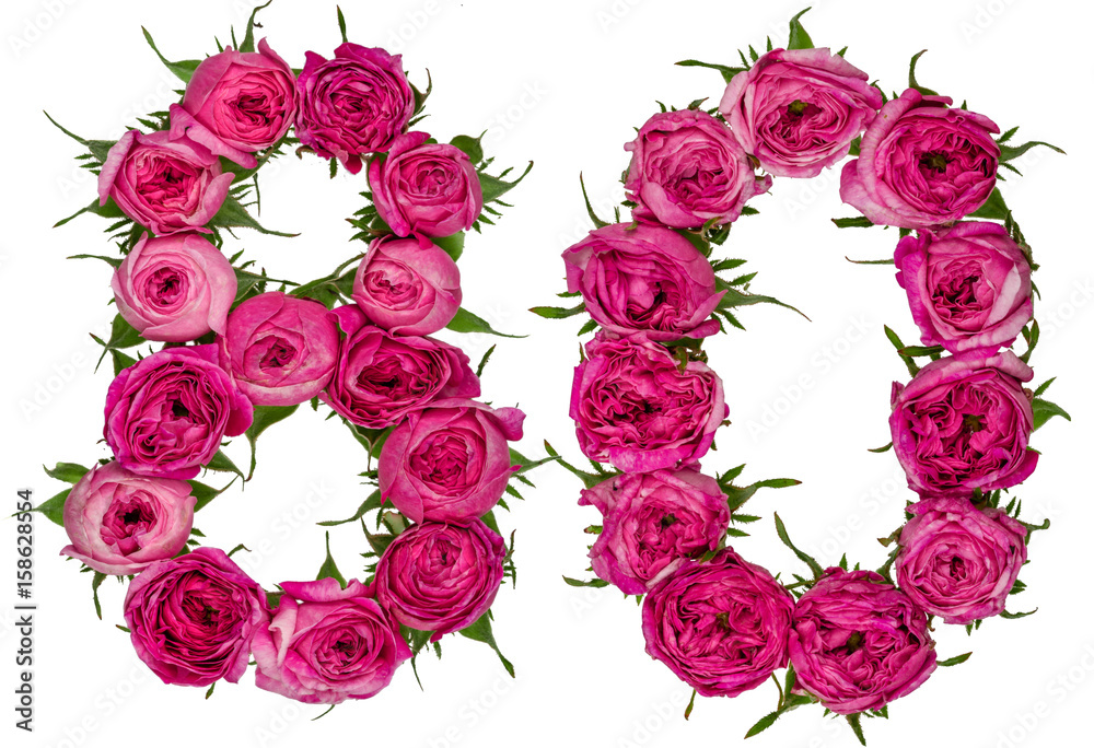 Arabic numeral 80, eighty, from red flowers of rose, isolated on white ...