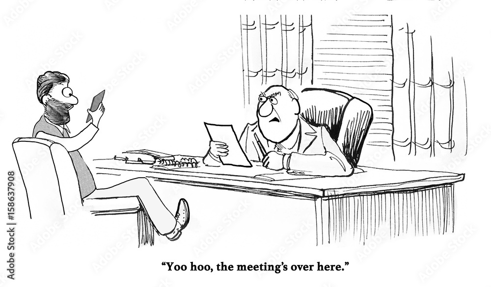 Business cartoon about a coworker rudely looking at his phone during a ...