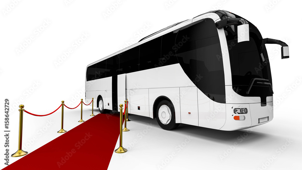 Red carpet Bus / 3D render image representing an luxury bus at the end ...
