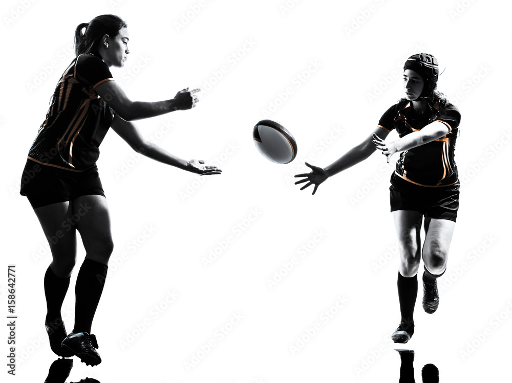 rugby women players team in silhouette isolated on white backround ...