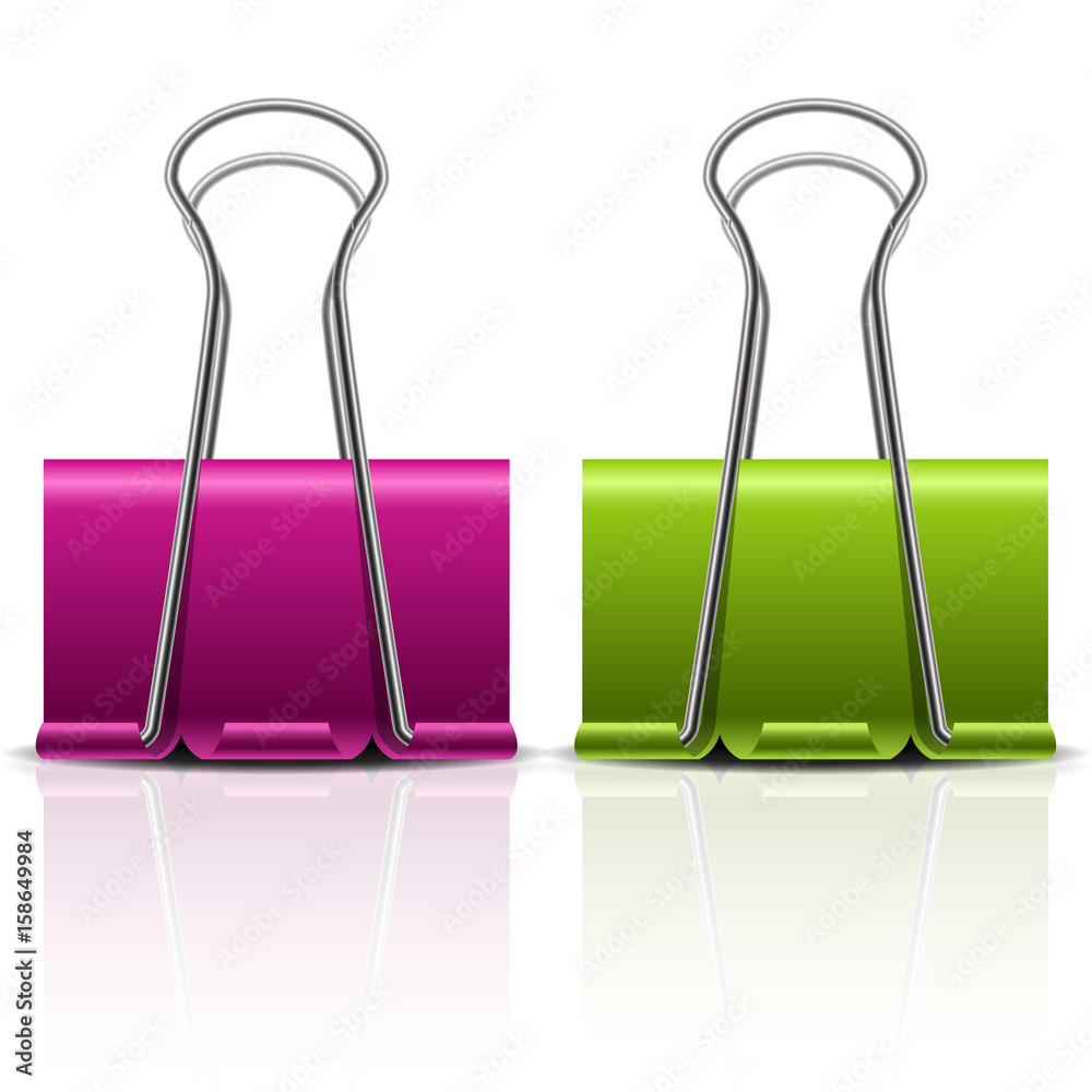 Realistic 3D pink and green paper clamps isolated on white background ...