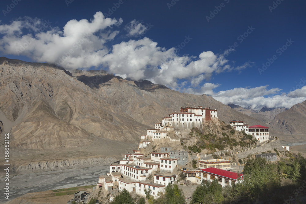 Beauriful monastery Key Gompa (4166 m) with mountains and clouds in ...
