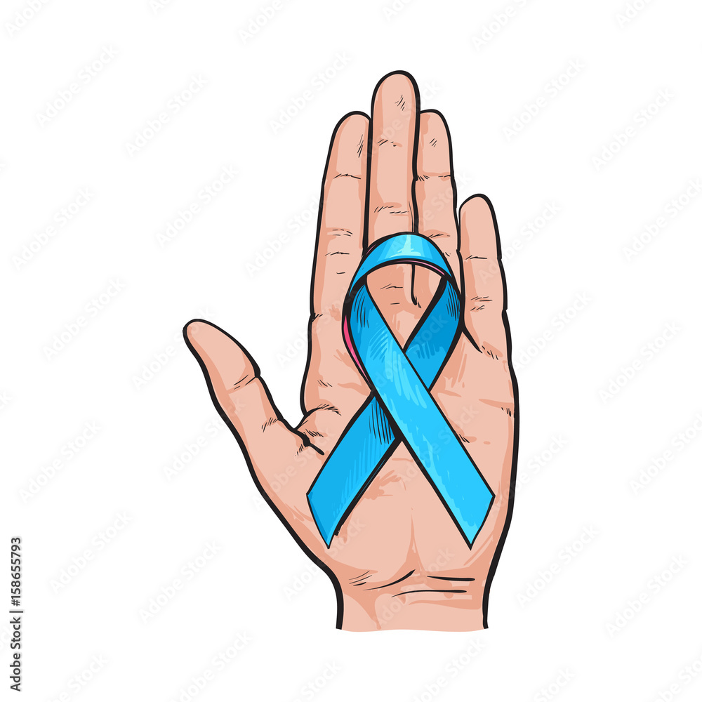 Blue satin ribbon, prostate cancer awareness symbol, over open hand ...