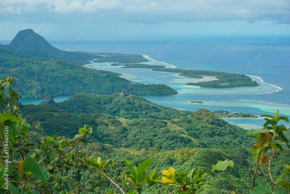 Huahine island landscape from the mountain Pohue Rahi, forest with the ...