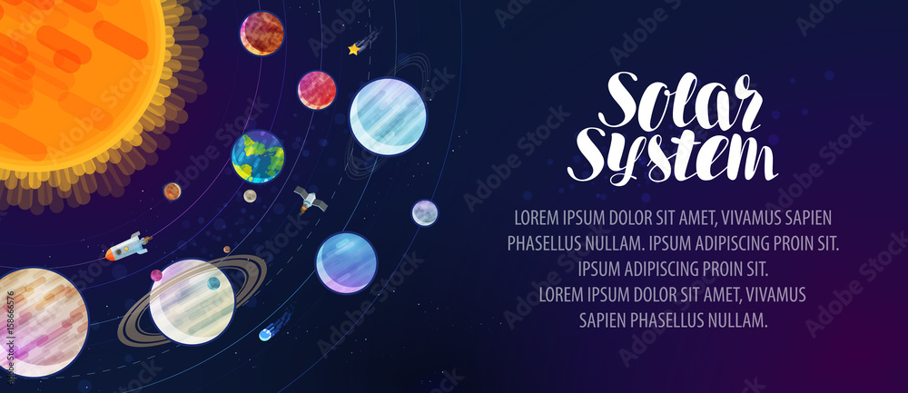 Solar system, banner. Space, sun, planets, comets, stars and ...