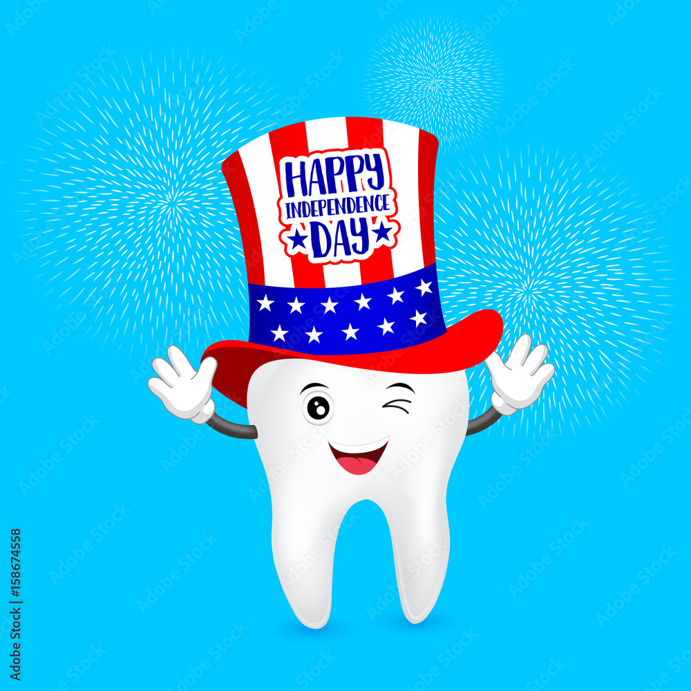 Cute cartoon tooth with American hat. concept for patriotism in America ...
