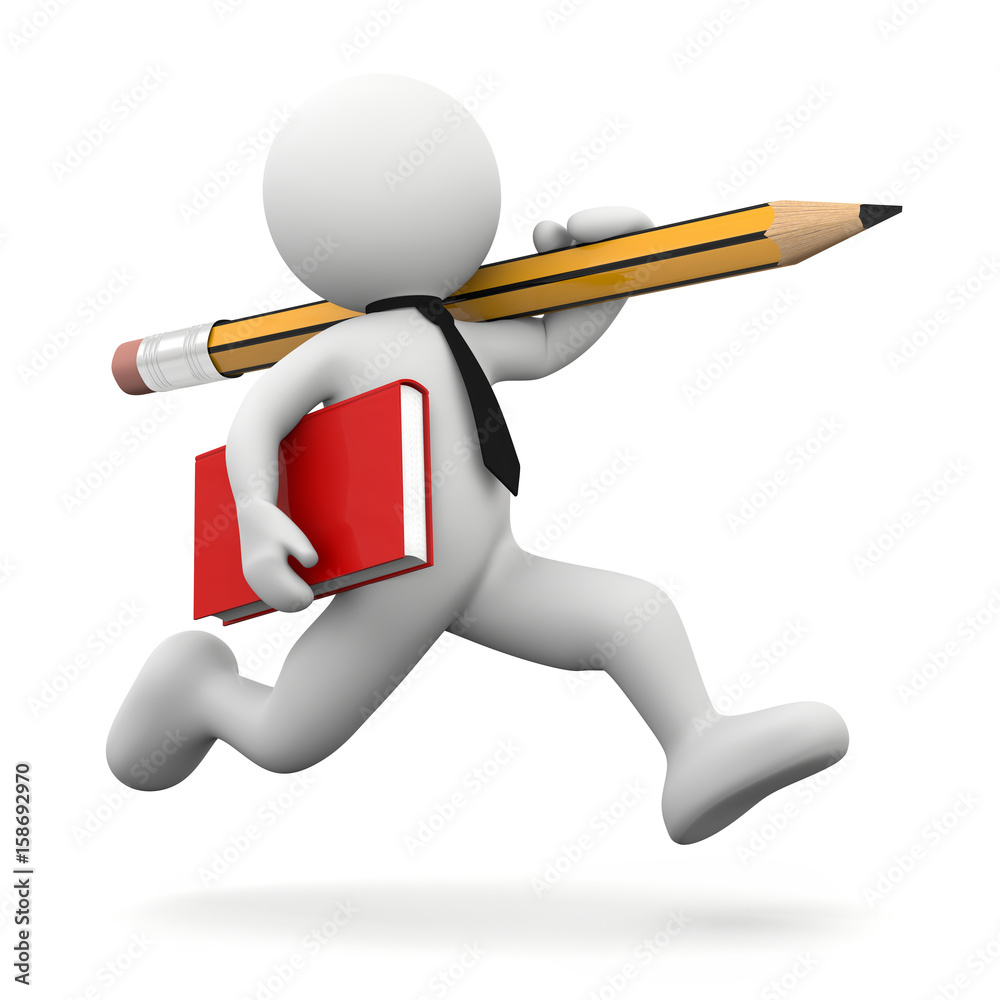 omino 3d che corre con libro e matita Stock Illustration | Adobe Stock