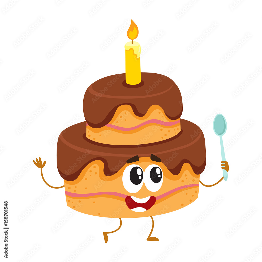 Cute layered birthday party cake character with smiling human face and ...