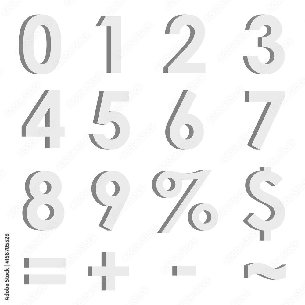 Set of white 3D numbers and symbols. Volumetric numbers and finance ...