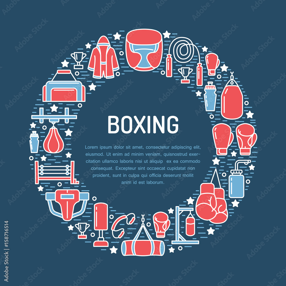Boxing poster template. Vector sport training line icons, circle ...
