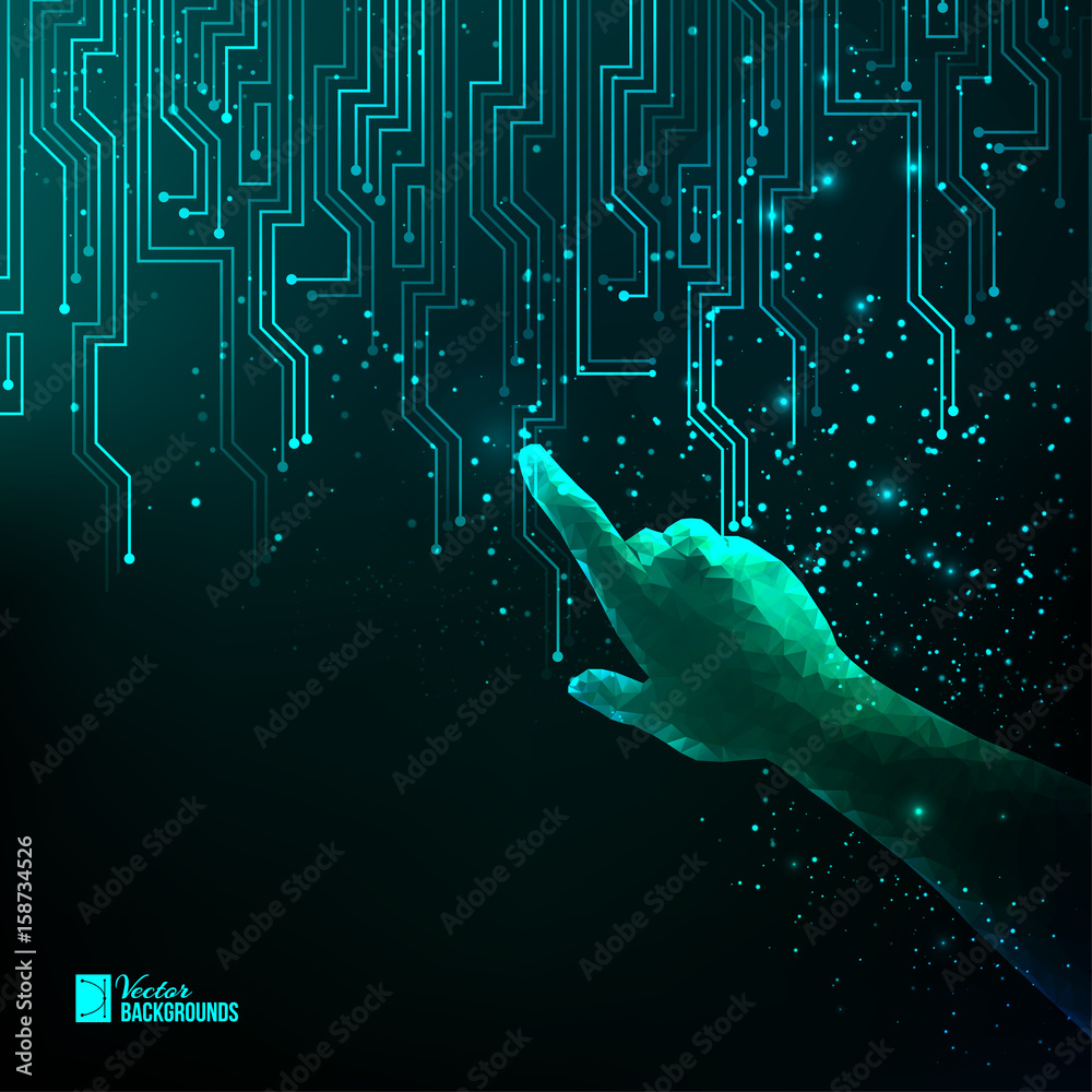 Human hand points to electrical circuit with shine sparks. Digit board ...