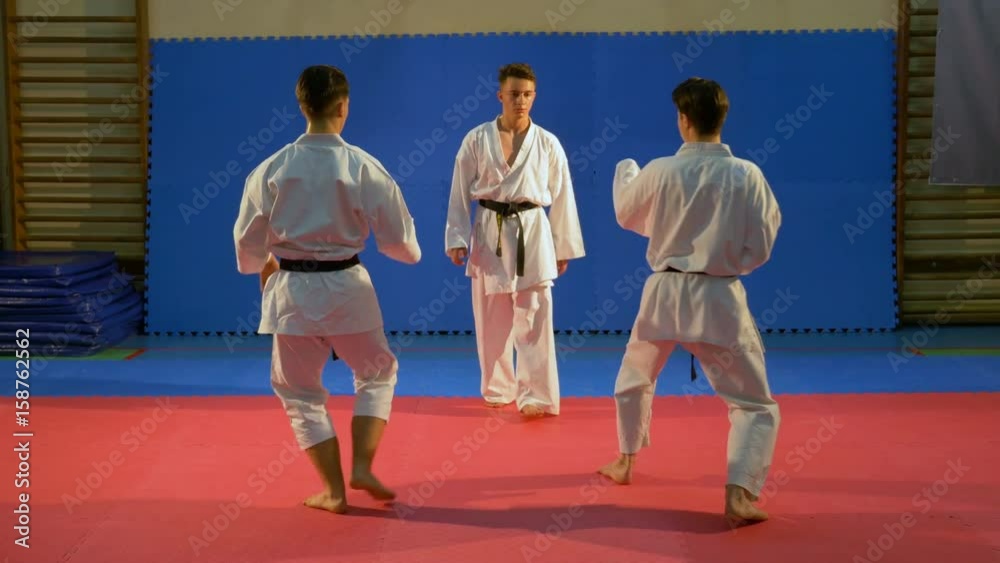 Young men performing self defense karate sequence demonstration at the ...