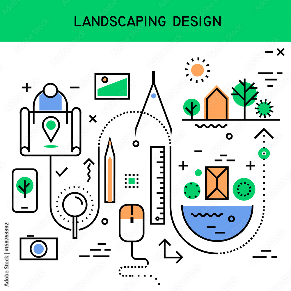 Vector flat line abstract process illustration of landscaping design ...