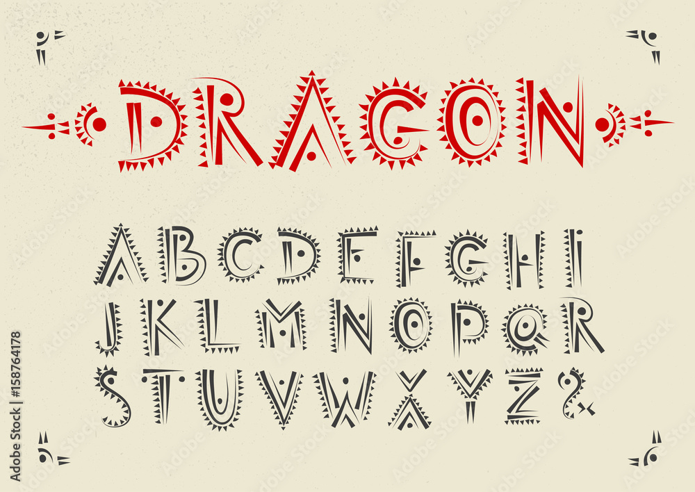 Vector handwritten alphabet with dragon patterns. Uppercase ornamental ...