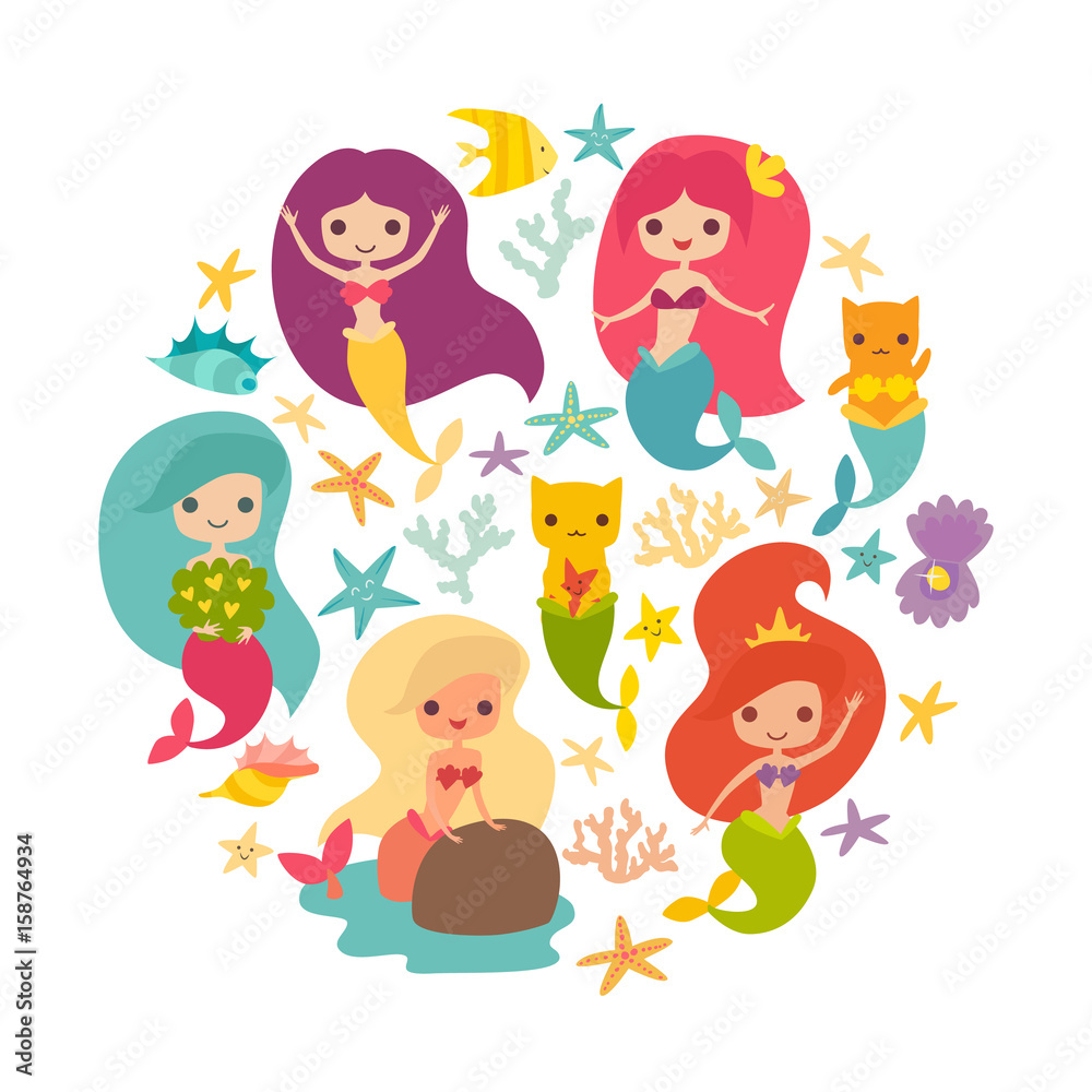 Mermaids girls vector illustration. Cute cartoon card with little ...