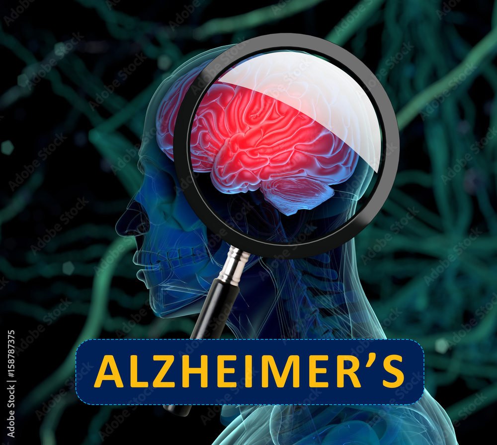 3D medical background with magnifying glass examining brain depicting ...