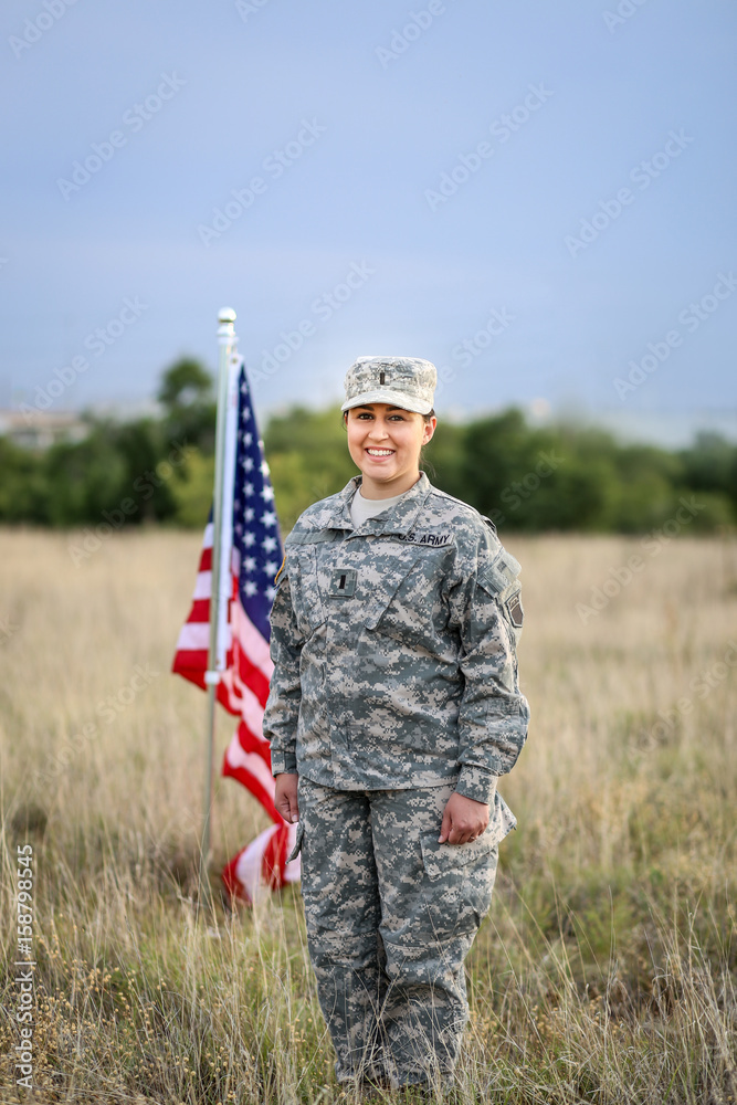 Beautiful Army Woman in Uniform with Flag Stock Photo | Adobe Stock