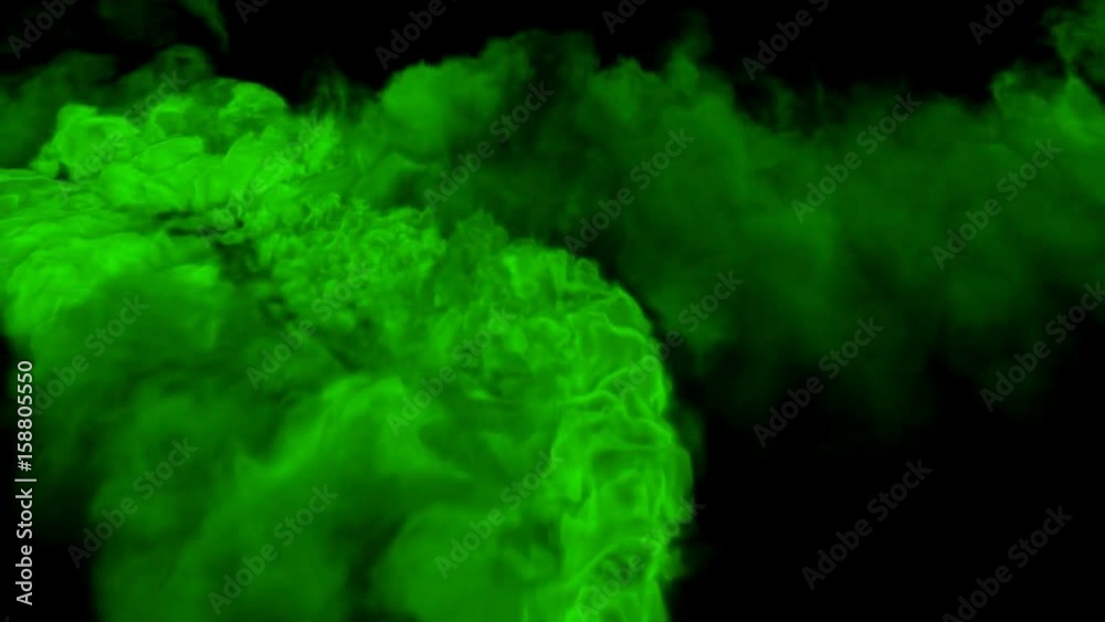 Animated stream, jet of green toxic smoke or gas bursting and spreading ...