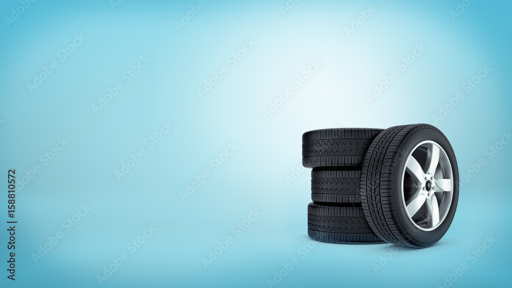 3d rendering of a three car tires stacked on each other and a forth ...