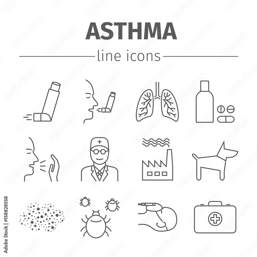 Asthma Symptoms and Symbols. Asthma line icons set. Stock Vector ...