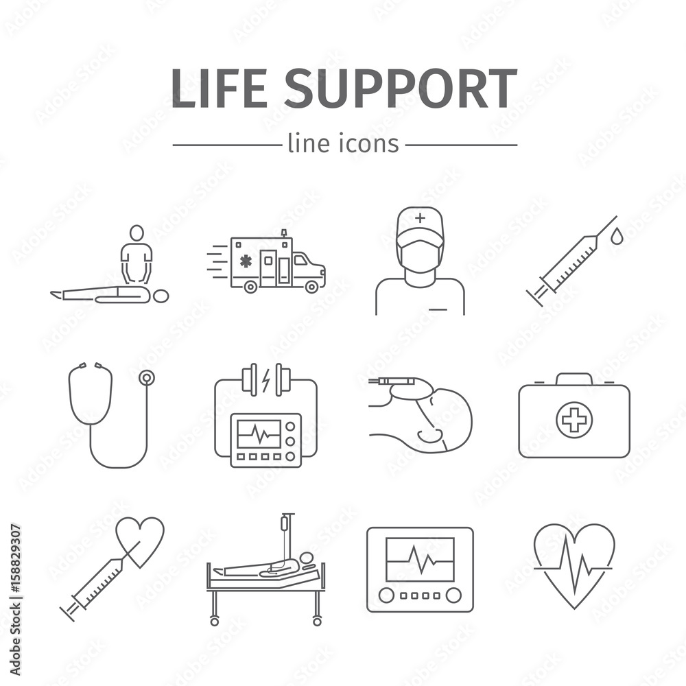 Reanimation symbols. Life support line icons Stock Vector | Adobe Stock