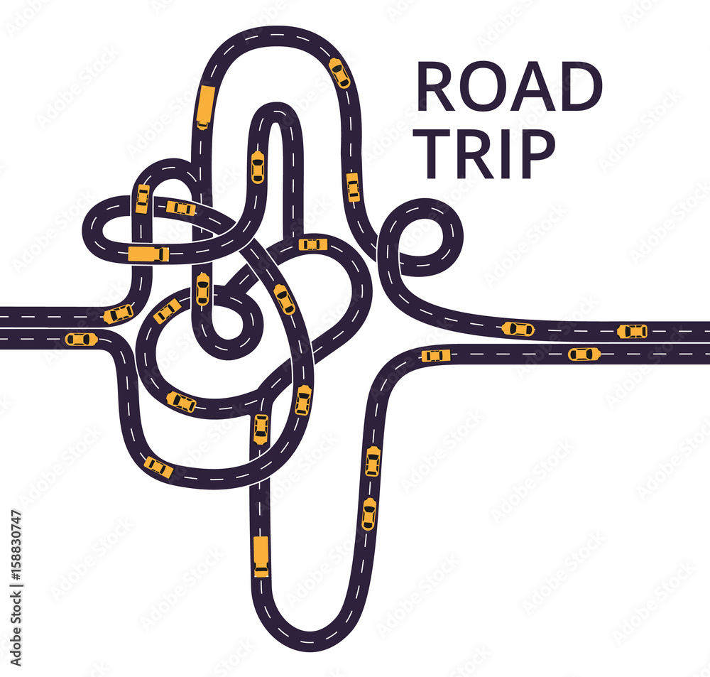 Tangled roads with cars and trucks on the white background. Curvy asphalt roads, with lanes ...