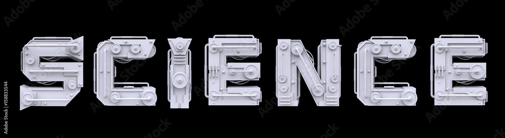 Iron mechanical word science isolated on black background. Futuristic ...