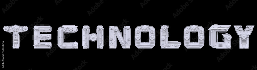 Iron mechanical word technology isolated on black background ...