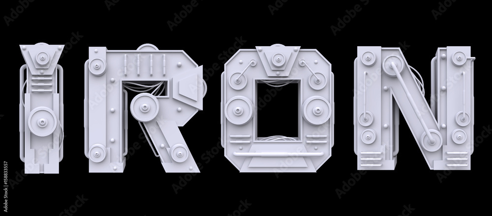 Iron mechanical word iron isolated on black background. Futuristic ...