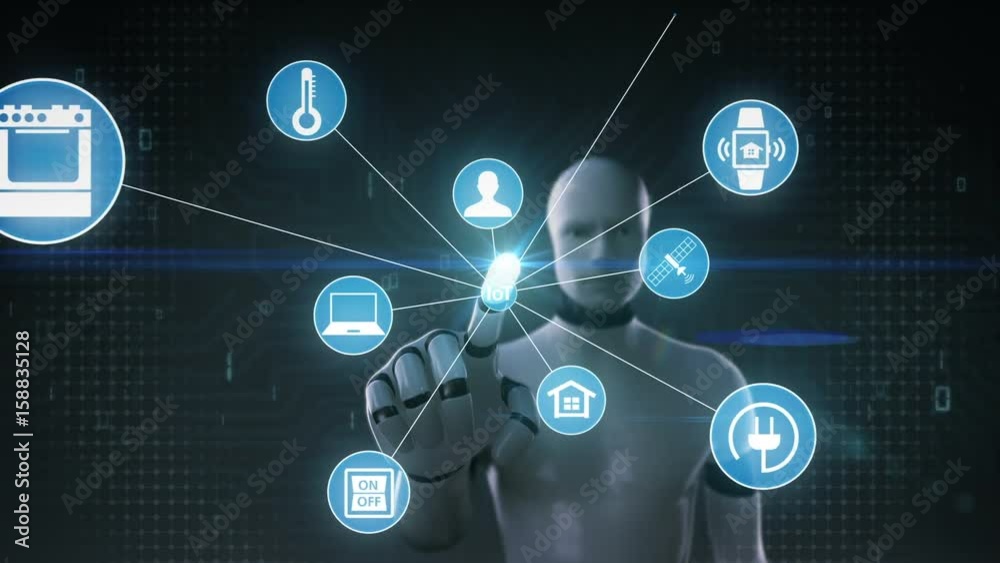 Robot, cyborg touch screen, IoT technology connect global world map ...