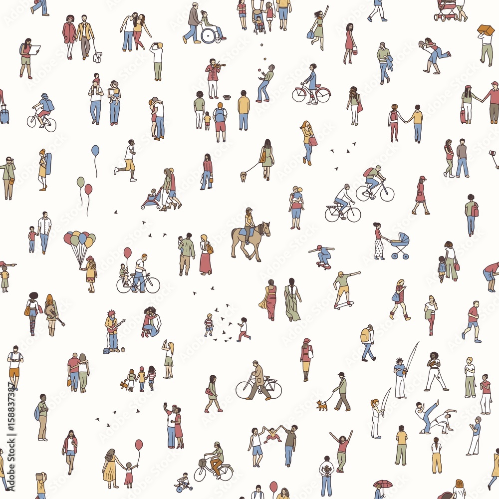 Seamless pattern of tiny people: pedestrians in the street, a diverse ...