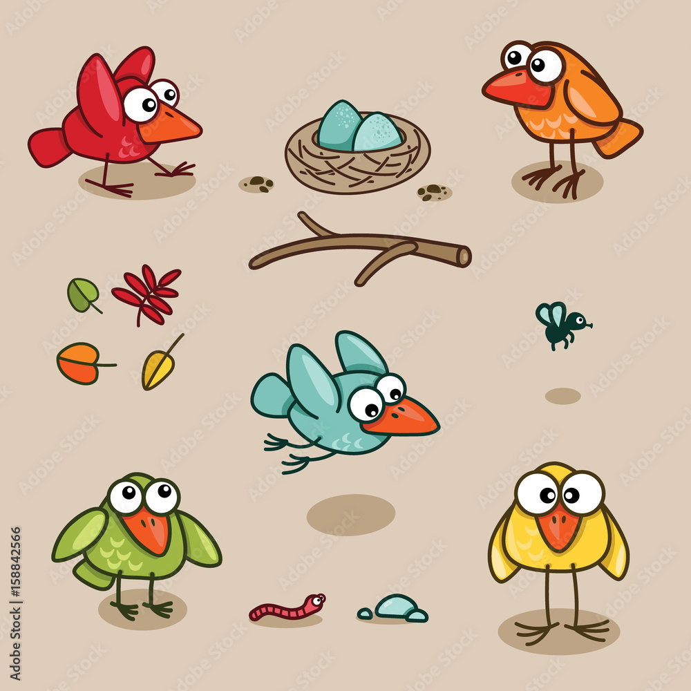 Cartoon funny colorful birds with big eyes Stock Vector | Adobe Stock