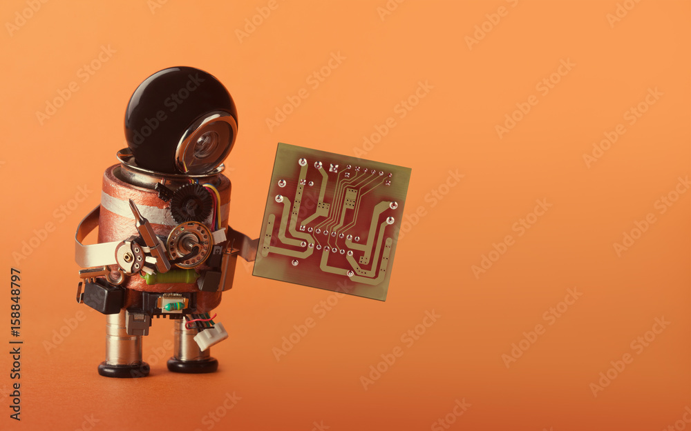 Computer upgrade automation concept. Robot with abstract circuit chip ...