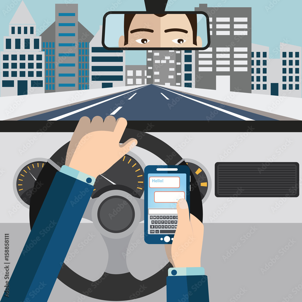 Using mobile phone while driving vector illustration Stock Vector ...