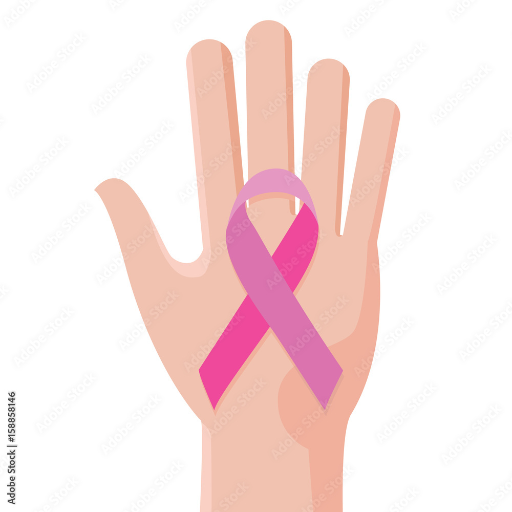 pink satin ribbon, breast cancer awareness symbol, over open hand palm ...