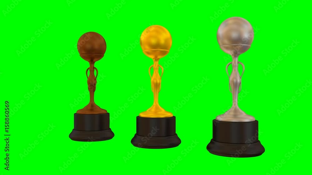 Animated spinning matte gold, silver and bronze trophy with sphere and ...