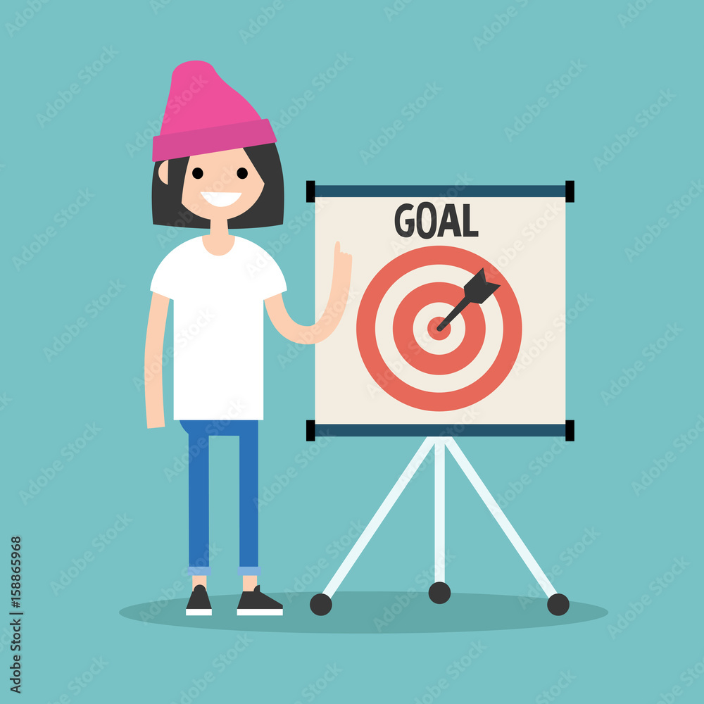 Target conceptual illustration. Young female character pointing on a ...