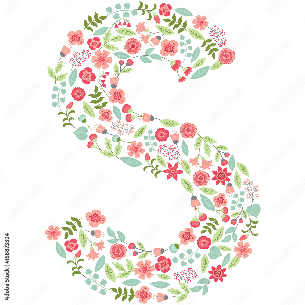 Vector floral letter S. Vector floral abc. English floral alphabet ...