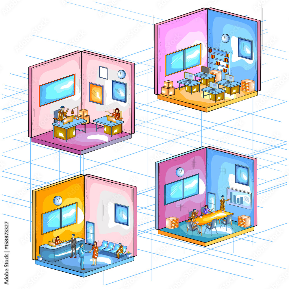 Flat style 3D Isometric view of Infrastructure layout of office ...