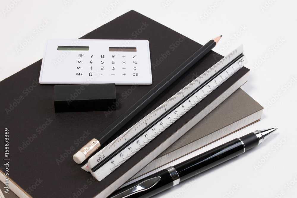 Modern school office desk table with modern school supplies book, pen ...