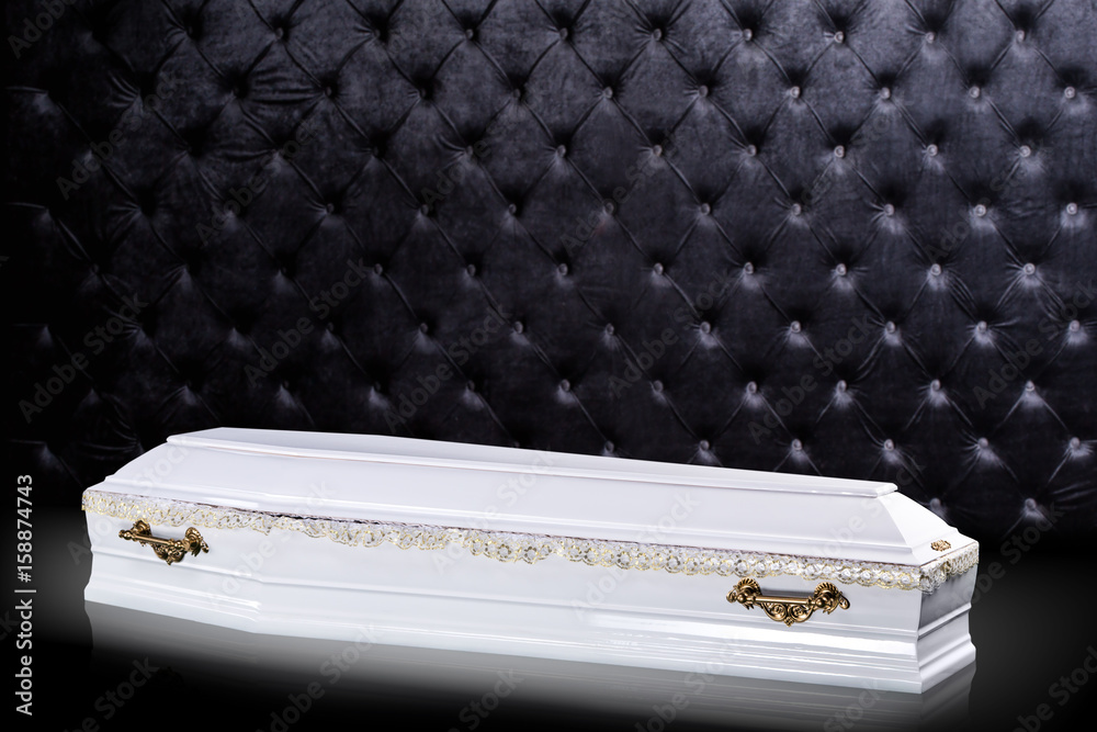 closed wooden white coffin isolated on gray luxury background. casket ...