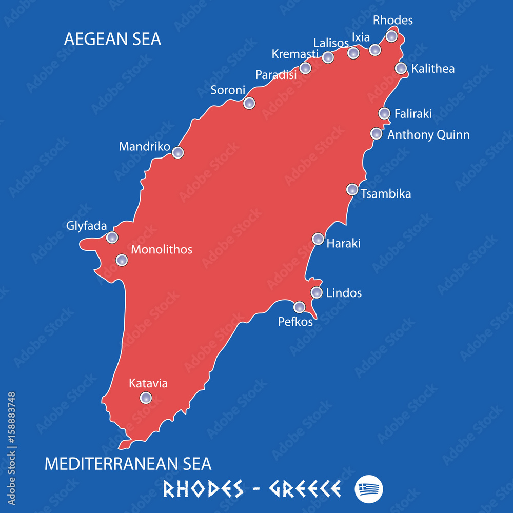 island of rhodes in greece red map illustration vector de Stock | Adobe ...