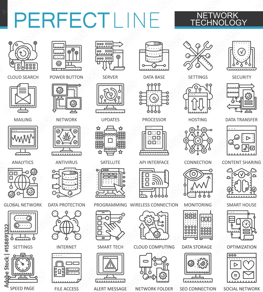 Network technology outline concept symbols. Perfect thin line icons ...