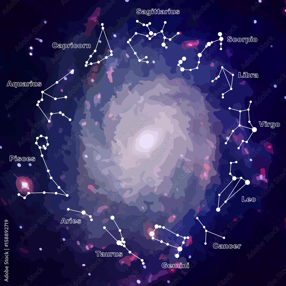 Raster illustration. Set of symbol zodiac sign, constellations, icons ...