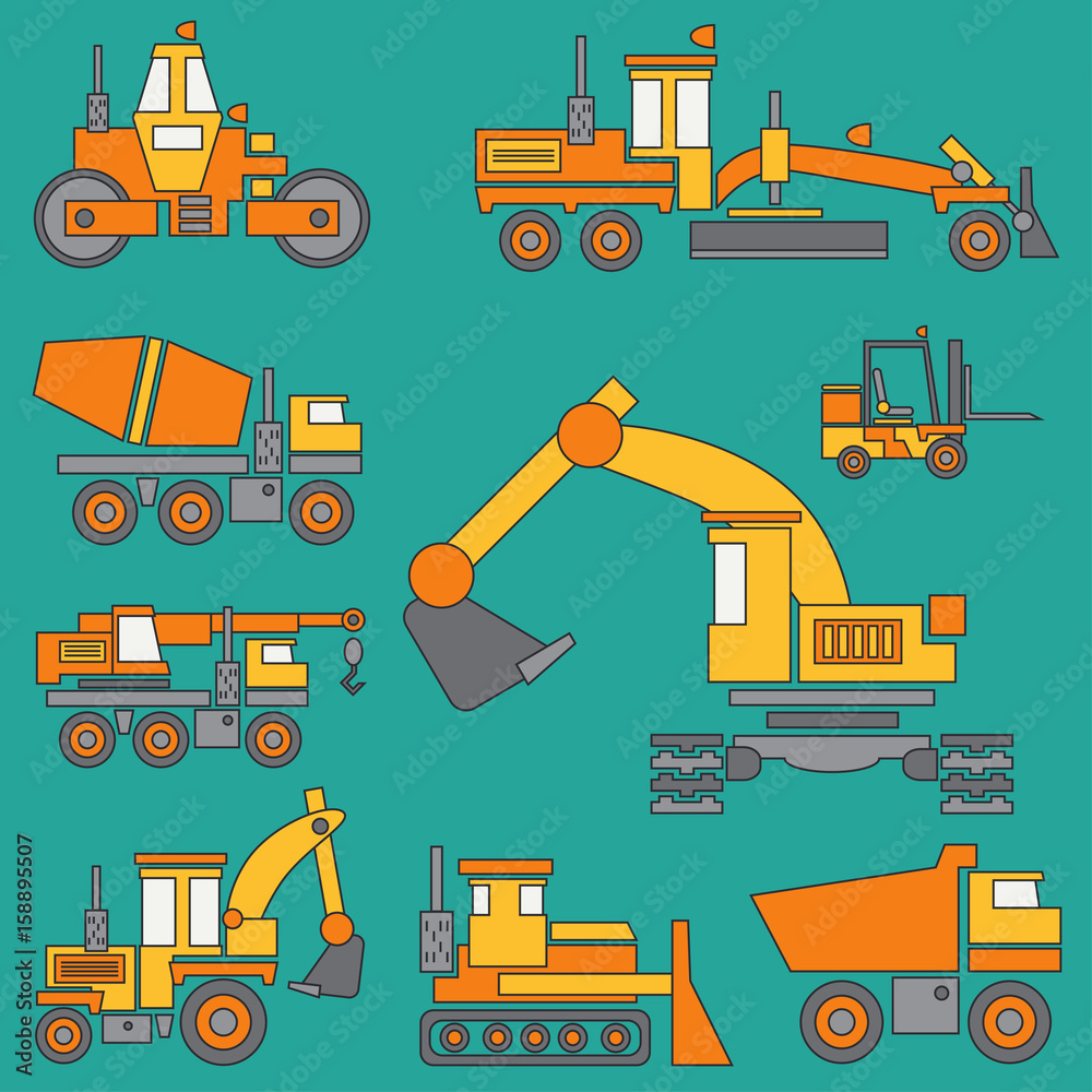 Line color vector icon construction machinery set with bulldozer, crane ...