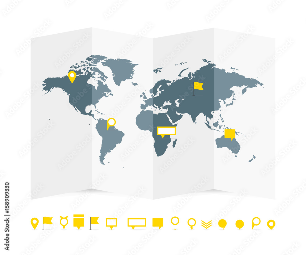 World map paper guide with pins set vector illustration Stock Vector ...