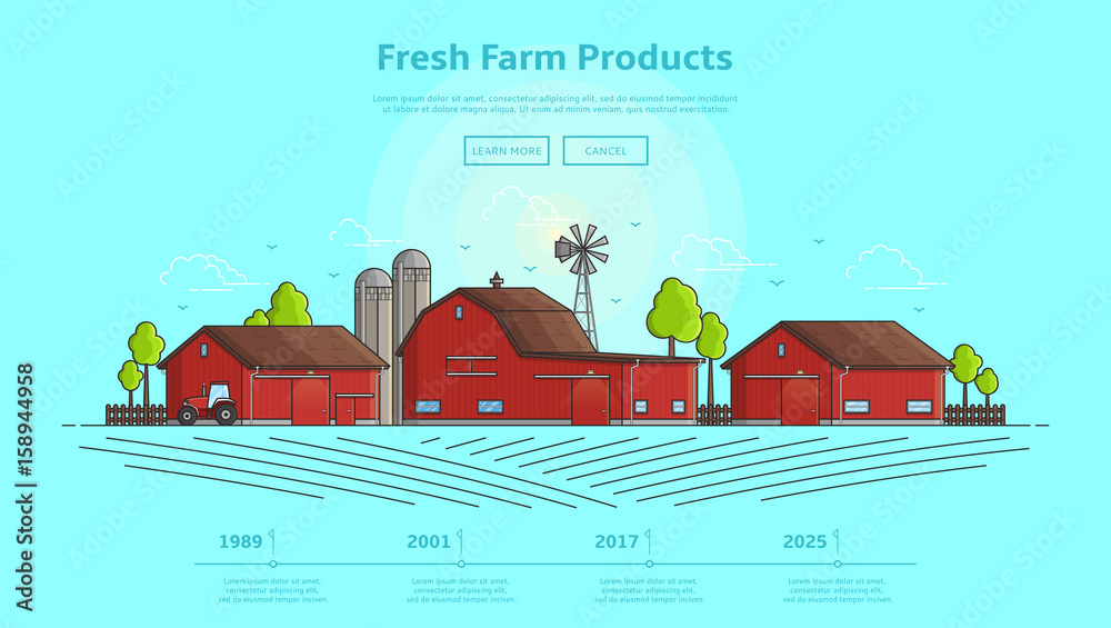 Concept of web banner with farm. Color vector illustration in linear ...